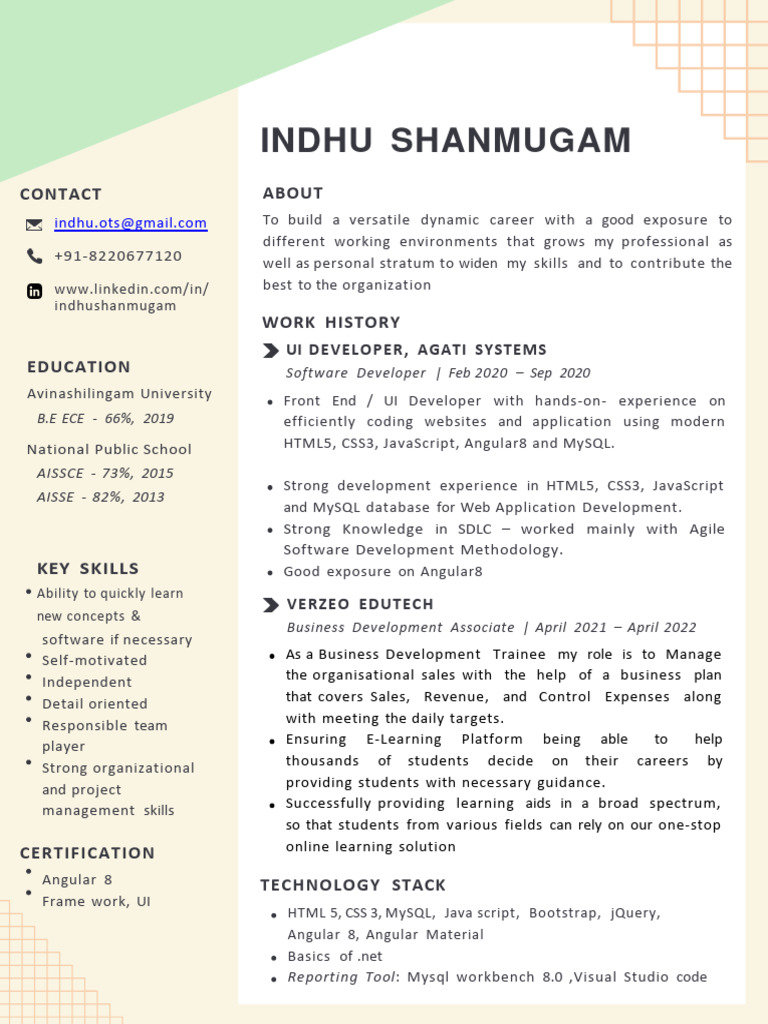 Resume-Indhu | Download Free PDF | Html5 | Educational Technology