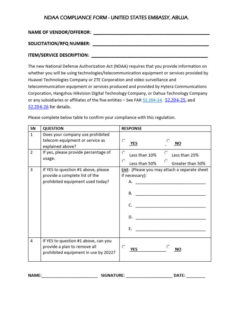 NDAA Compliance Form | PDF