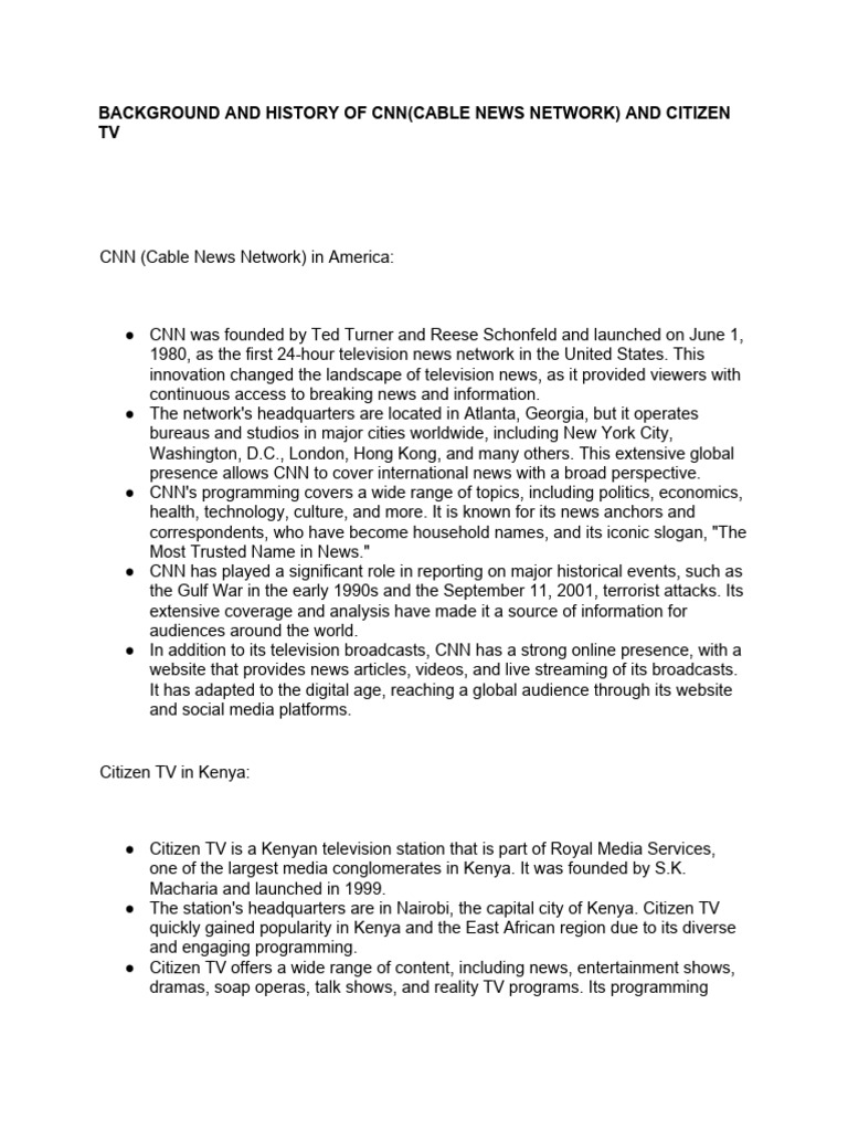 Background and History of CNN (Cable News Network) and Citizen TV | PDF ...