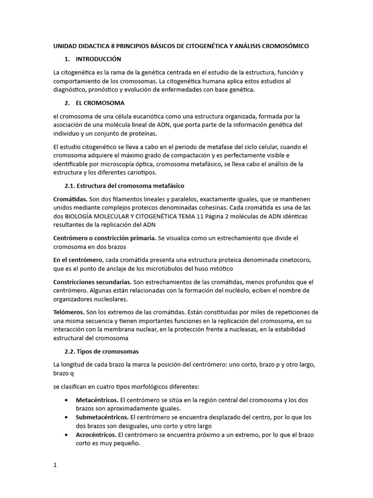 UNIDAD DIDACTICA 8 PRINCIPIOS BÁSICOS DE CITOGENÉTICA Y ANÁLISIS CROMOSÓMICO resumen | Descargar ...