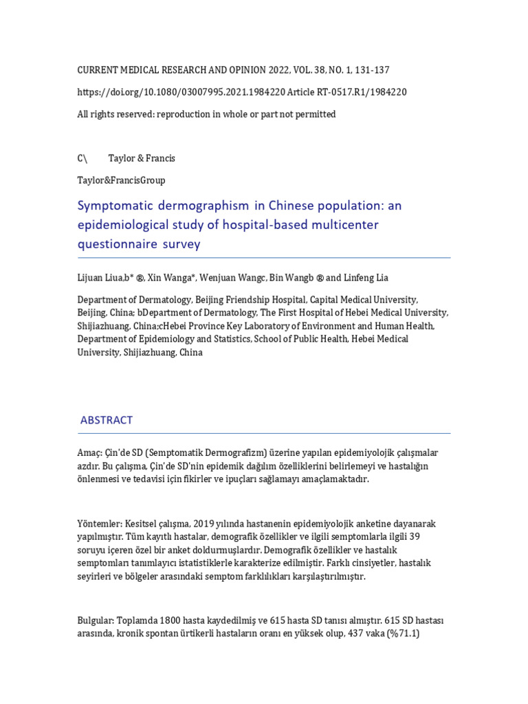 Symptomatic Dermographism in Chinese Population: An Epidemiological ...