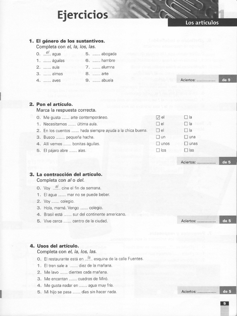 Ejercicios de Uso de Artículos en Español | PDF | Artes del Lenguaje y ...