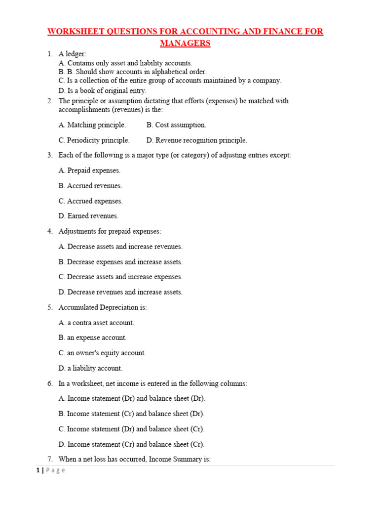 Work Sheet Questions For Accounting & Finance For Managers | PDF ...