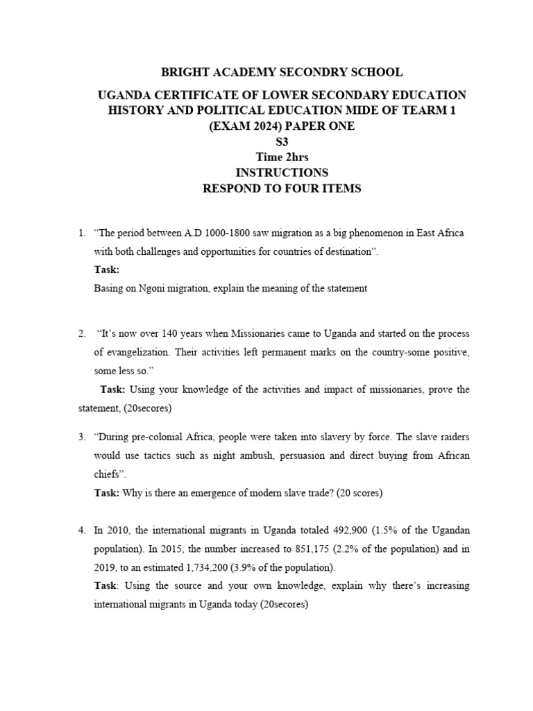 S3 History Exam: Migration & Governance | PDF | Uganda | Speaker (Politics)