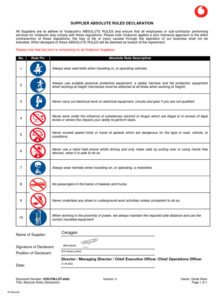 Vodacom Absolute Safety Rules Declaration | PDF | Land Transport | Safety