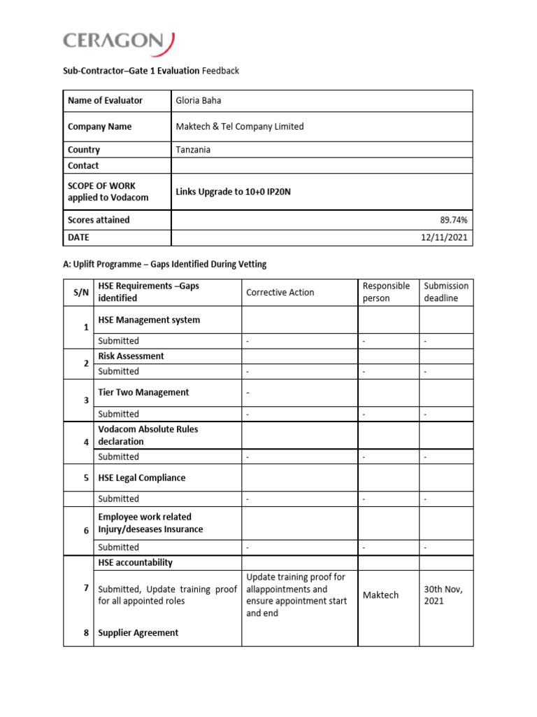 Sub-Contractor Evaluation Feedback Gate 1 - Maktech | PDF | Business