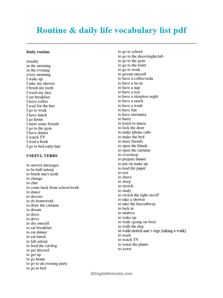 Routine Daily Life Vocabulary List | PDF