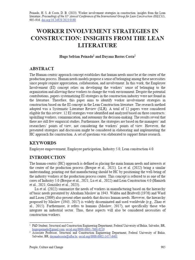 Worker Involvement Strategies in Construction: Insights From The Lean ...
