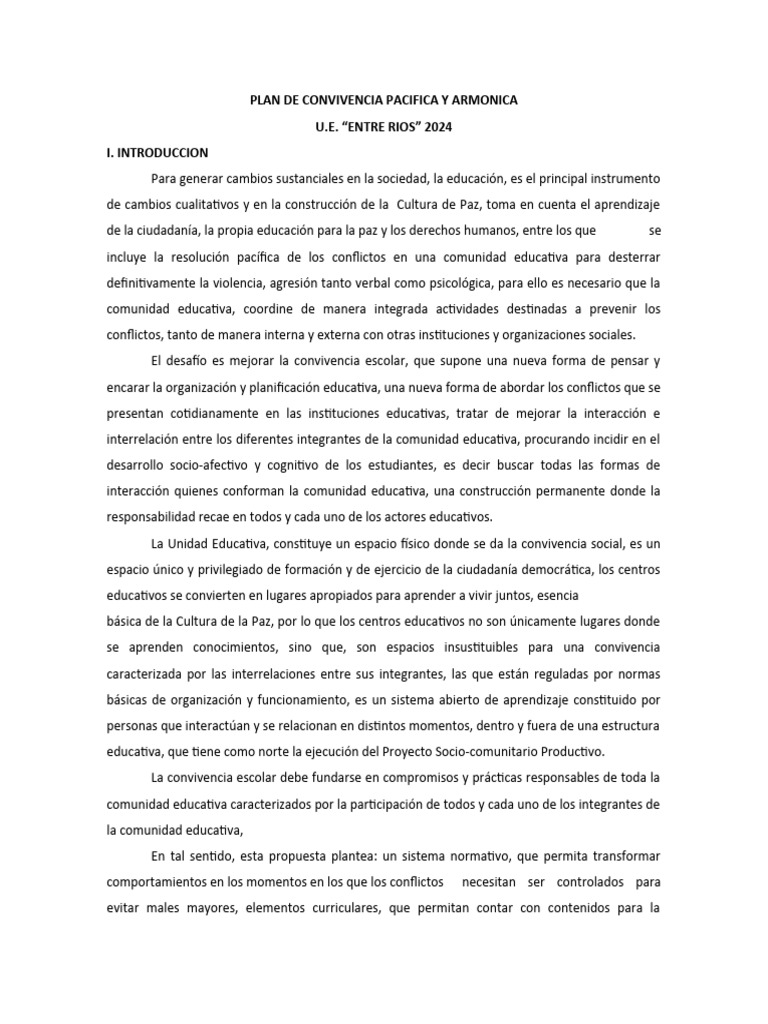 4 Plan Convivencia Pacifica Y Armonica 1 Pdf Maestros Aprendizaje