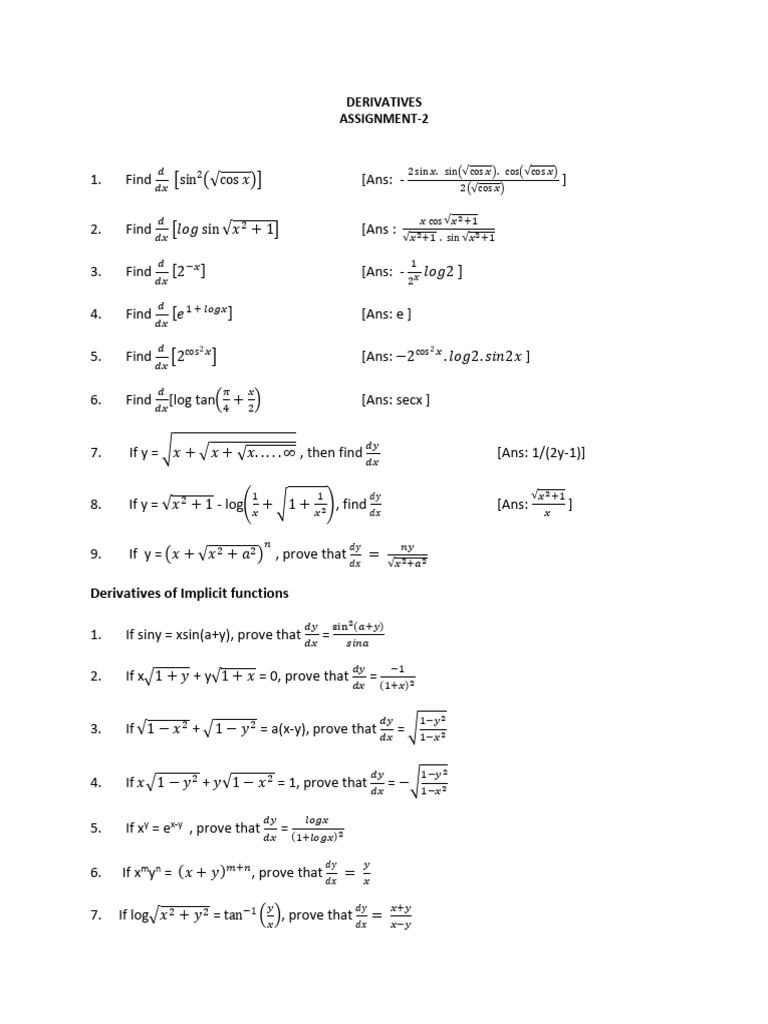 Derivatives Assignment 2 CL 12 | PDF | Functions And Mappings | Trigonometric Functions
