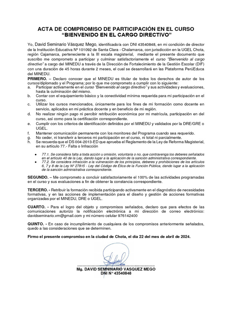 Acta De Compromiso De Participacion En El Curso Dsvm Pdf
