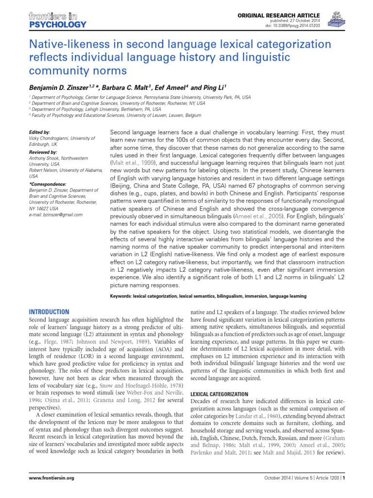 Zonszer Et Al. (2014) - Native-Likeness in Second Language Lexical Categoriation Reflects ...