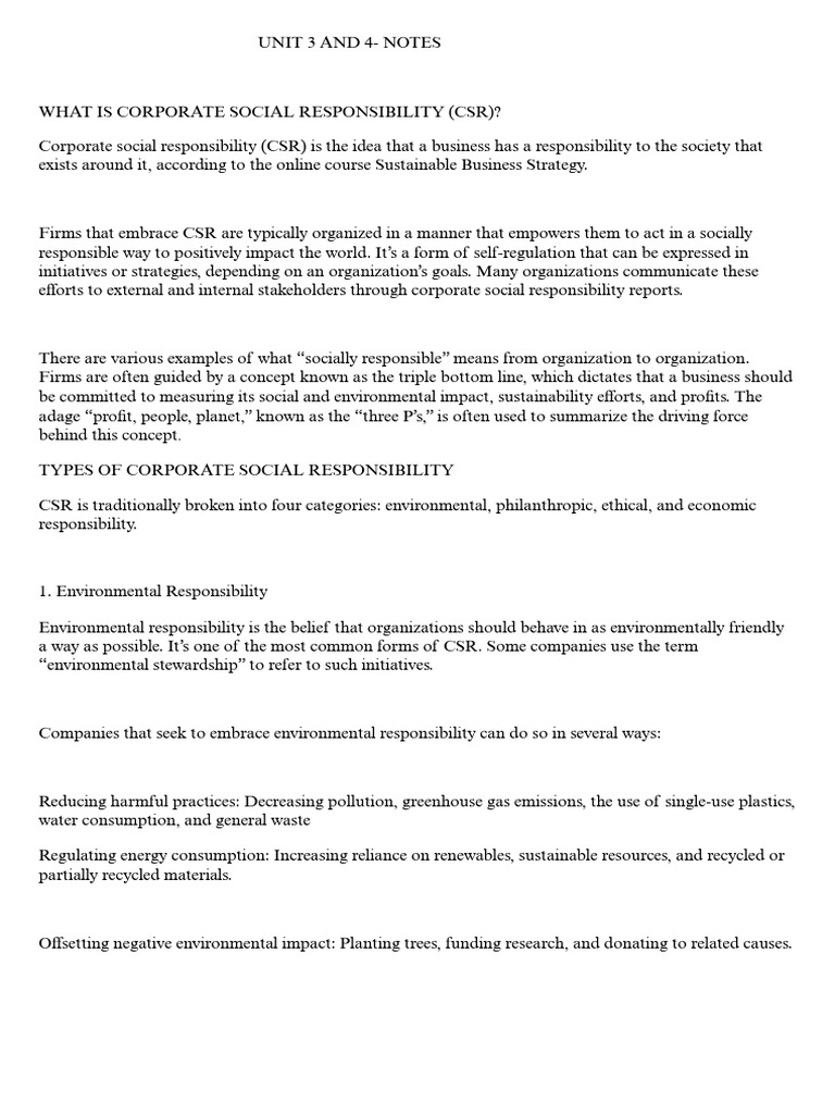 Unit 3&4 Notes - CSR and Ethics | PDF | Corporate Social Responsibility ...