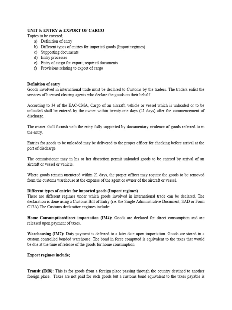 Handout 5 - Entry and Export of Cargo | PDF | Bill Of Lading