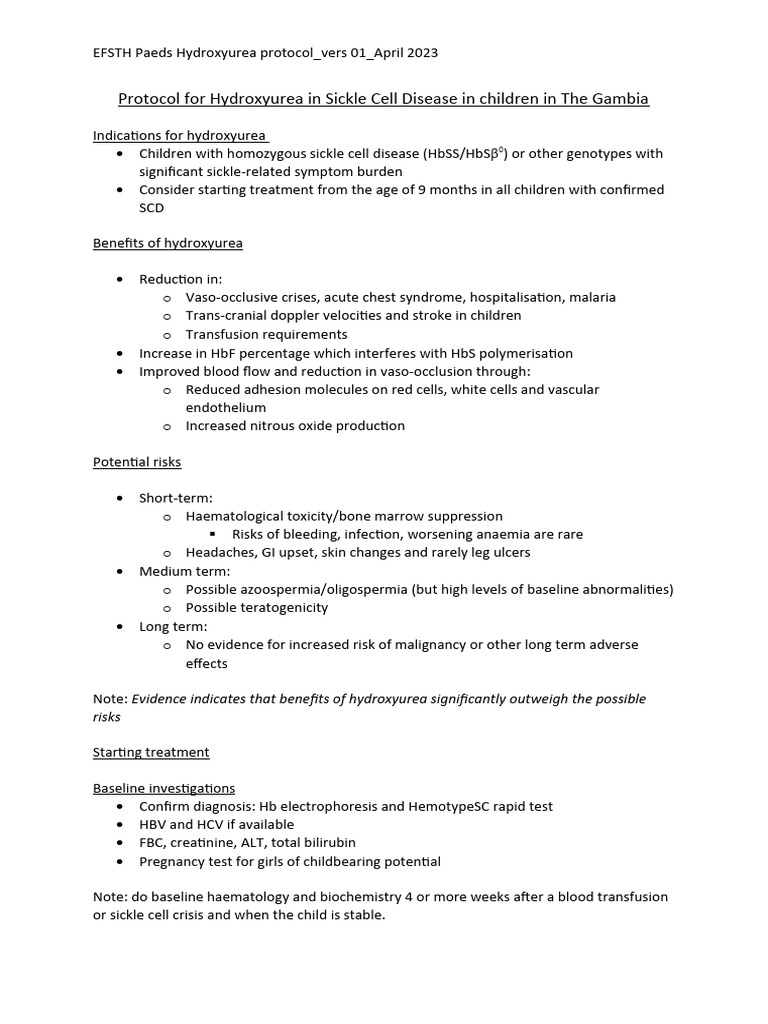 Hydroxyurea Protocol For Treatment of Sickle Cell Disease in Children ...
