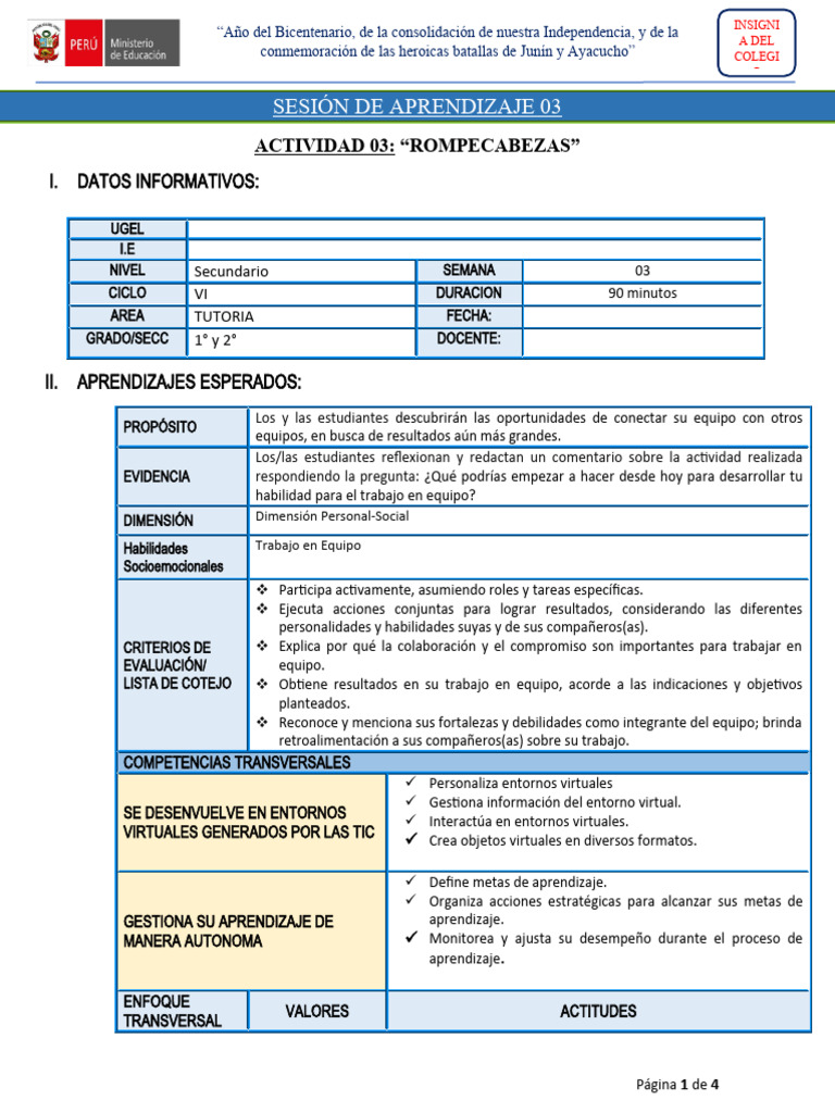 Tutoria 1° 2° - Sesión de Aprendizaje 03 | PDF | Aprendizaje | Evaluación