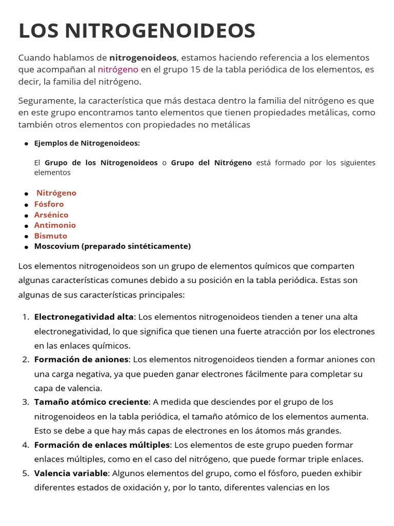 Los Nitrogenoideos: Nitrógeno | PDF | Química Física | Materiales