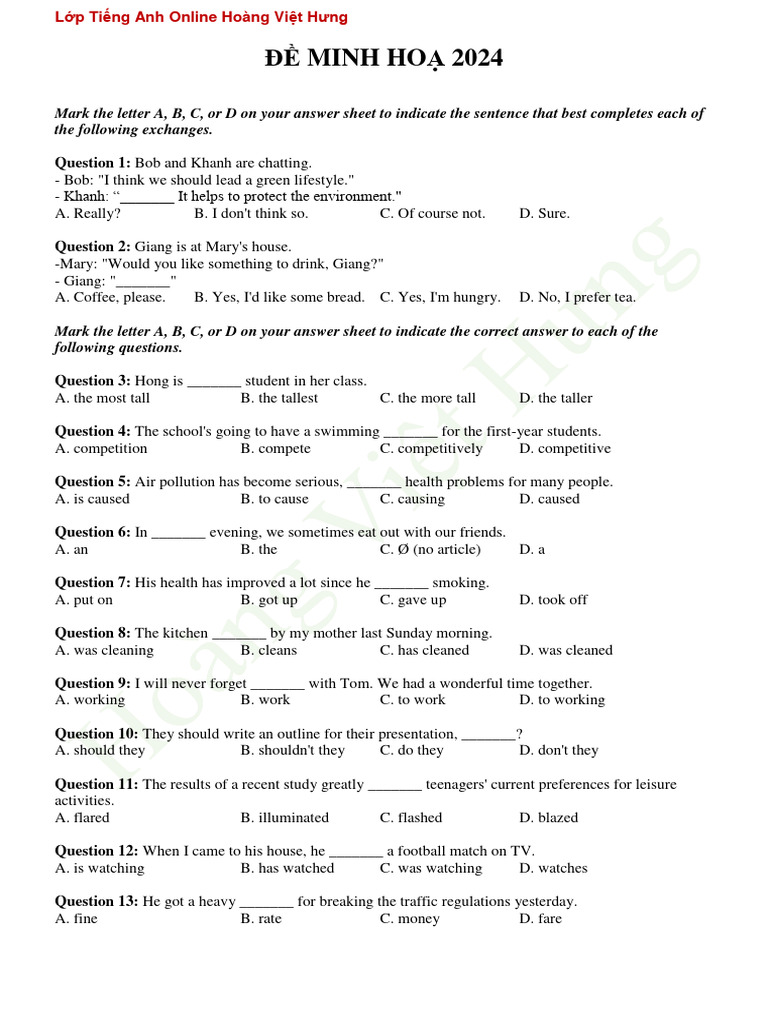 Đề + Giải Thích Chi Tiết Đề Tiếng Anh MH 2024 | PDF | Sleep