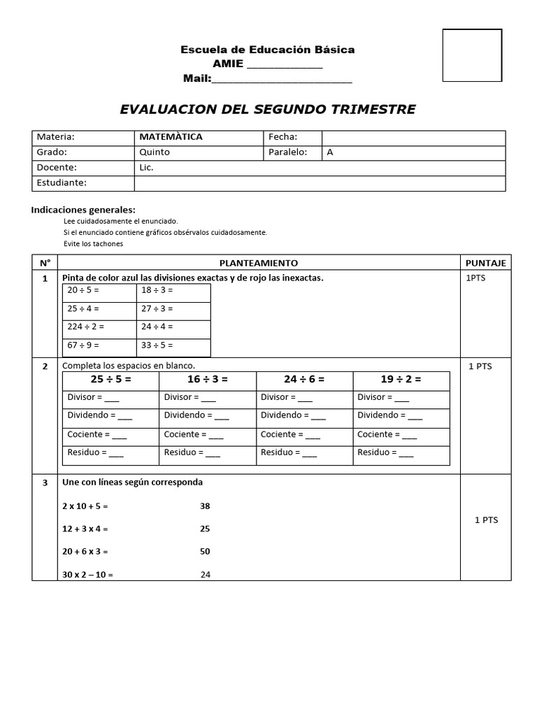 Eval 2do Tri Matematica 5to | PDF | División (Matemáticas) | Matemáticas
