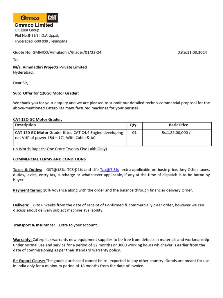 CAT 120 GC Motor Gradeer - Vimuladhri Projects PVT LTD | PDF