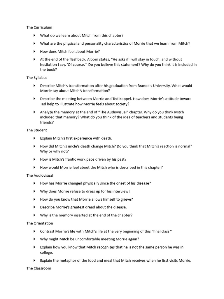 Discussion Questions for "Tuesdays with Morrie" | PDF