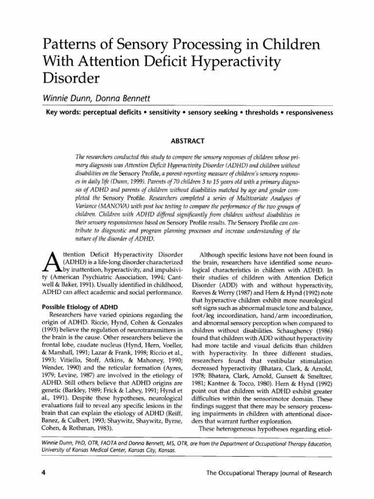 Dunn Bennett 2002 Patterns of Sensory Processing in Children With Attention Deficit ...