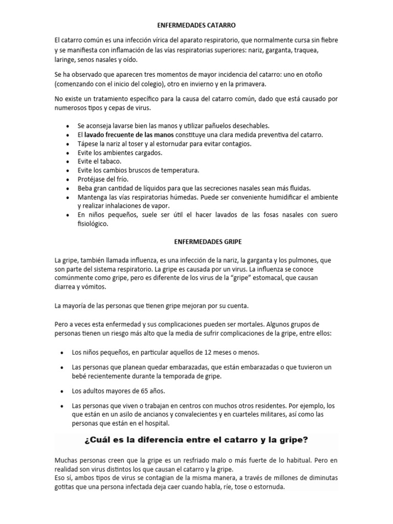 ENFERMEDADES CATARRO y Gripe | PDF | Influenza | Resfriado comun