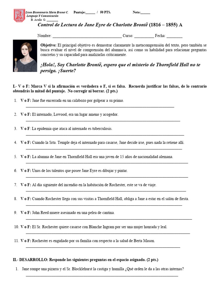 Control de Lectura de Jane Eyre de Charlotte Brontë A | Descargar ...