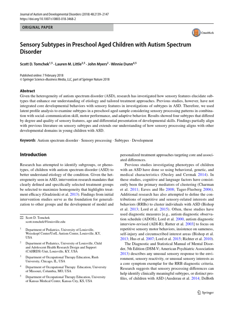 Sensory Subtypes in Preschool Aged Children With Autism Spectrum ...