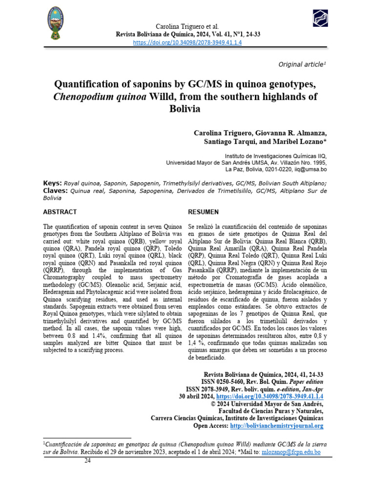 Quantification of Saponins by GC/MS in Quinoa Genotypes, Willd, From ...