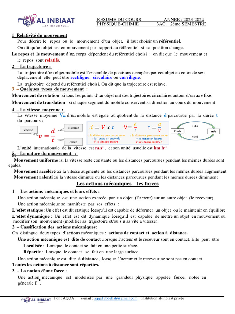 Résumé de Physique-Chimie 3AC Semestre 2 | PDF | Obliger | Poids