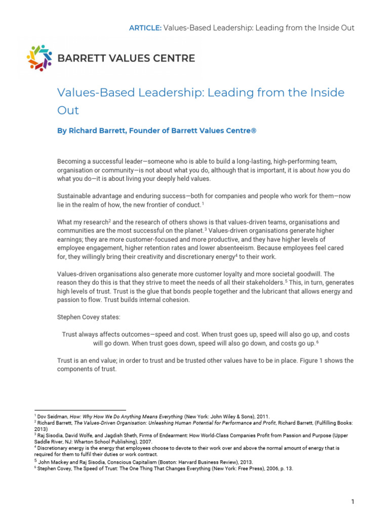 Article Values Based Leadership Leading From The Inside Out-1-2 | PDF ...