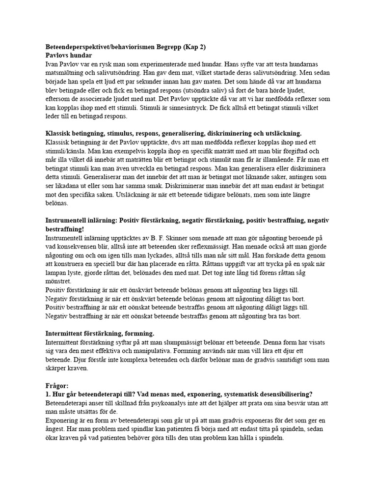 Psykologi - Beteende Perspektivet | PDF