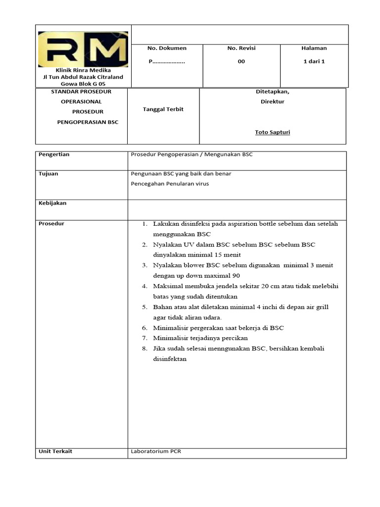 SOP Penggunaan BSC Klinik RM 1 | PDF