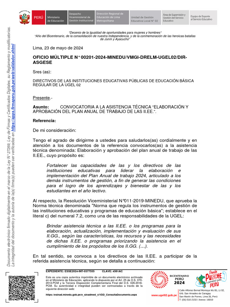 Oficio - Multiple 00201 2024 Minedu Vmgi Drelm Ugel02 Dir Asgese | PDF | Gobierno