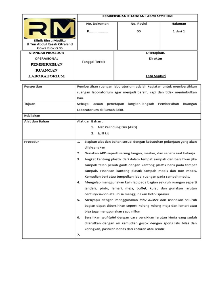 Spo Pembersihan Ruangan Laboratorium KRM | PDF | Kesehatan Holistik
