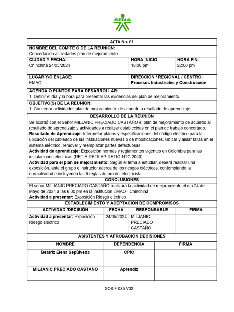 Gor-F-085 v2 Formato Acta - Plan de Mejoramiento | PDF