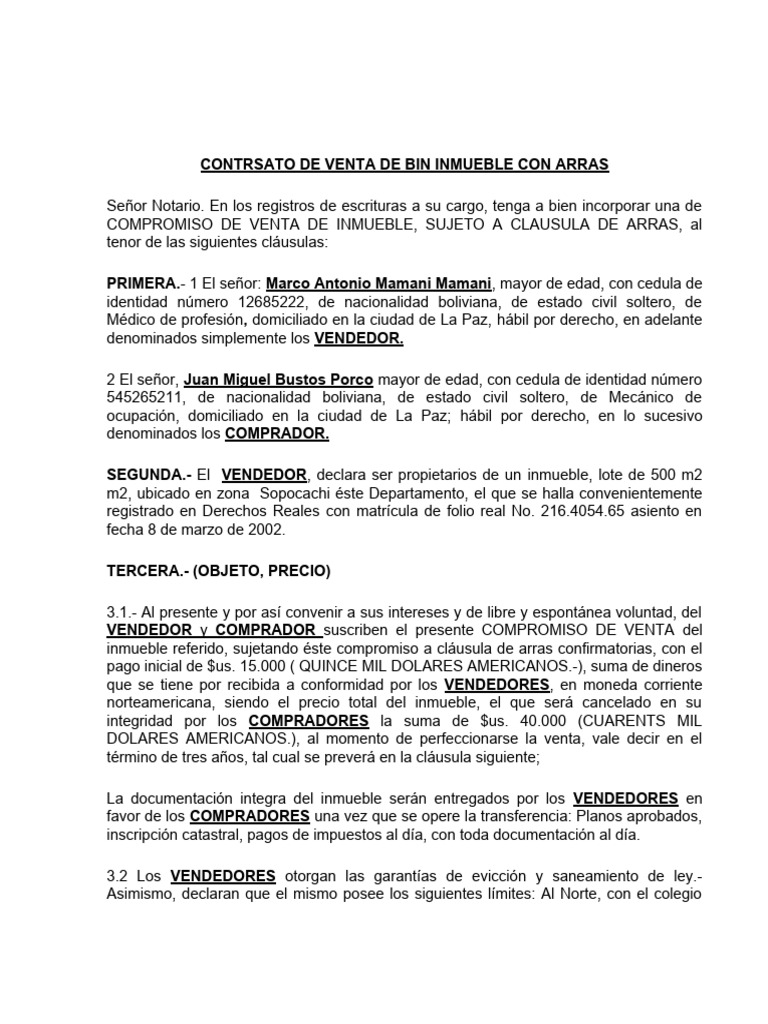 Contrato de Venta de Bien Inmueble Con ARRAS | PDF