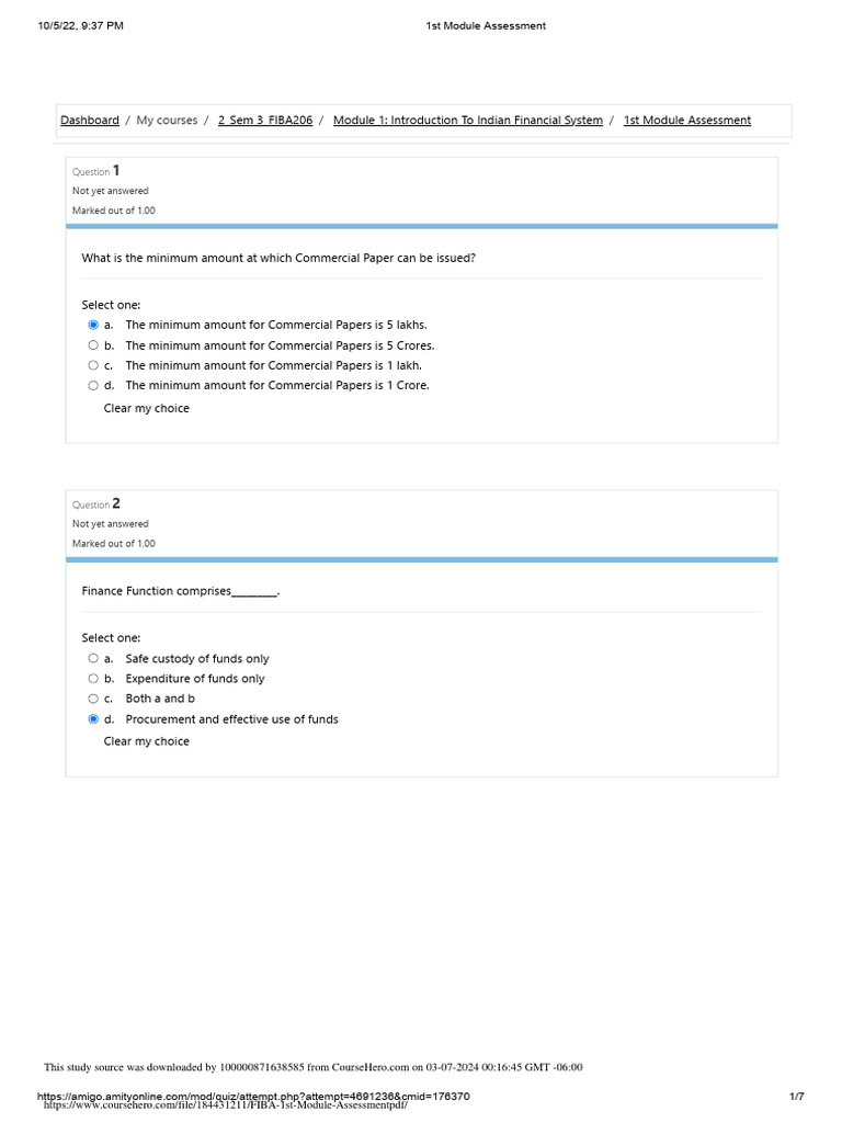 FIBA 1st Module Assessment PDF | PDF | Financial Markets | Securities (Finance)