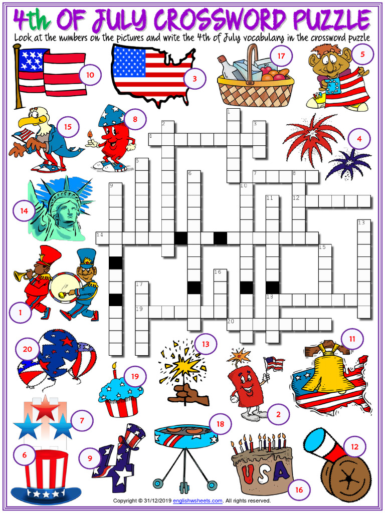 4th of july vocabulary esl crossword puzzle worksheet for kids | PDF
