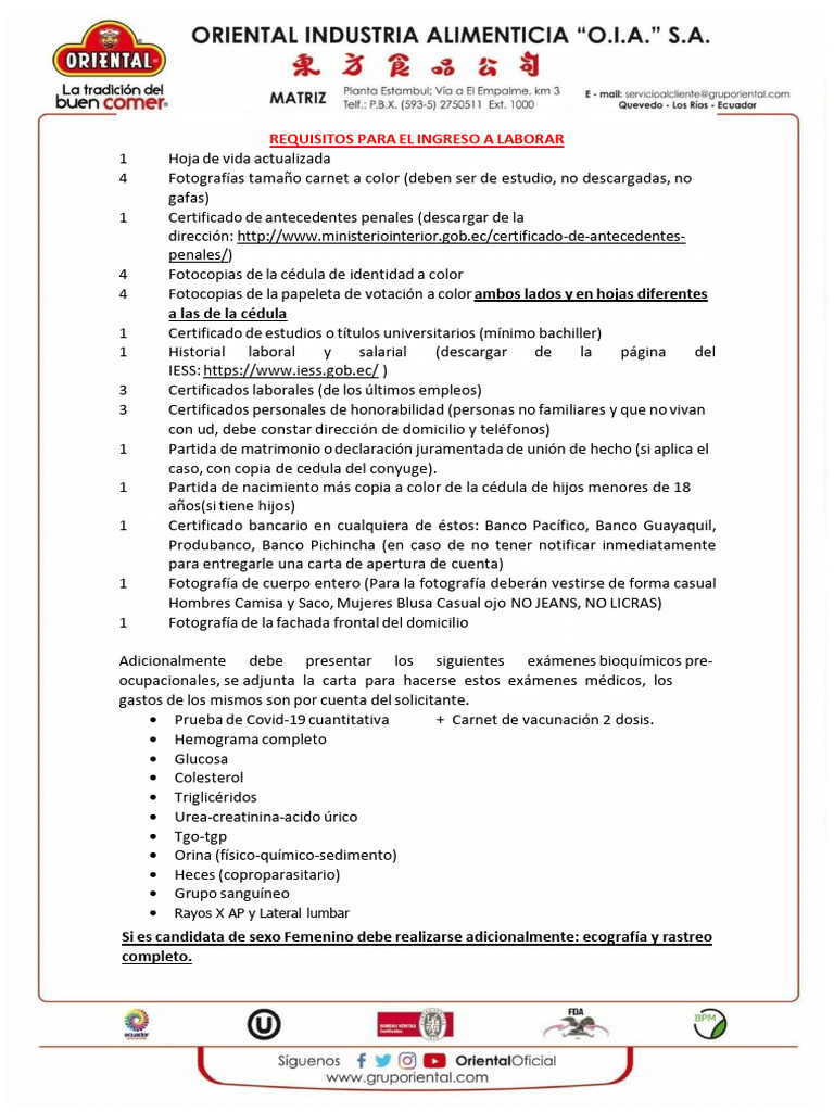 Requisitos Para Completar Ingreso a Laborar | PDF