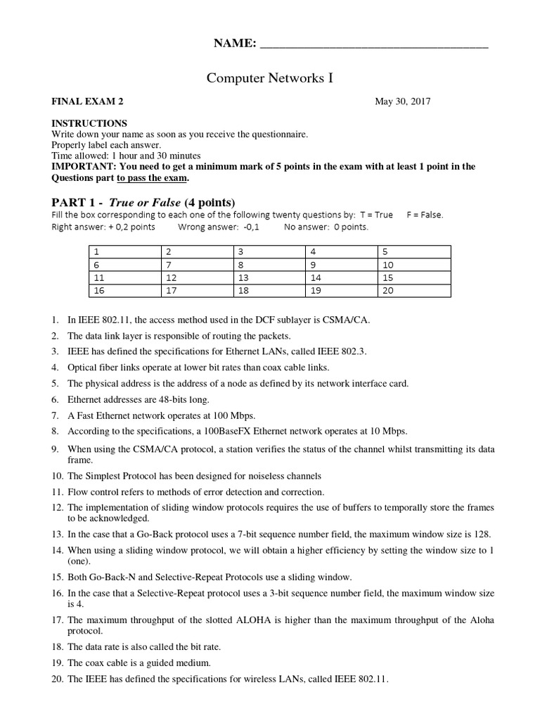 Computer Networks I: True or False (4 Points) | PDF | Ethernet | Computer Network