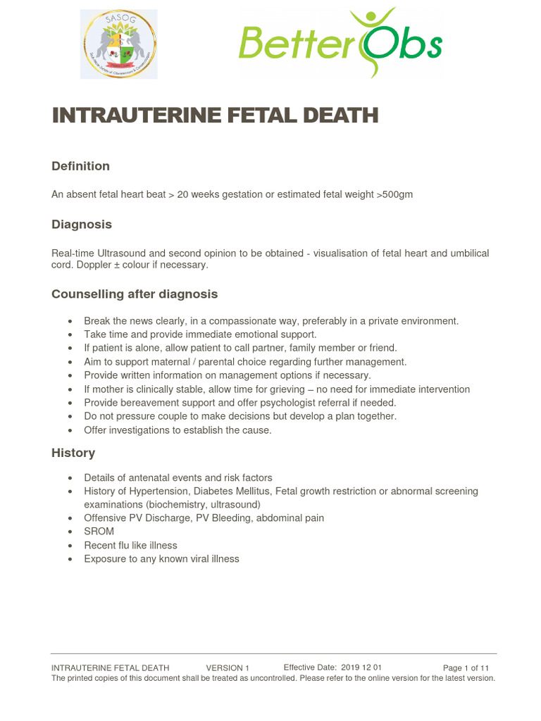 Intrauterine Fetal Death Management Guide | PDF | Childbirth | Fetus