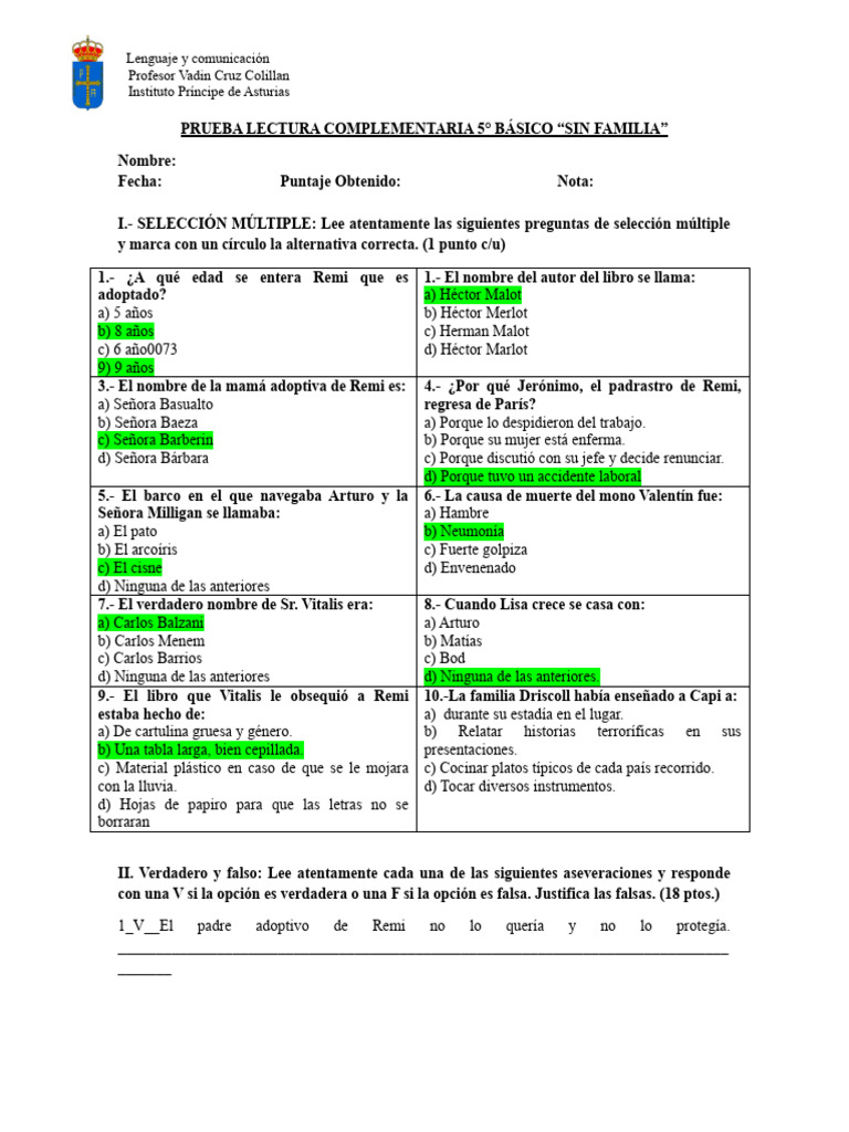 Prueba Lectura Complementaria Sin Familia | PDF