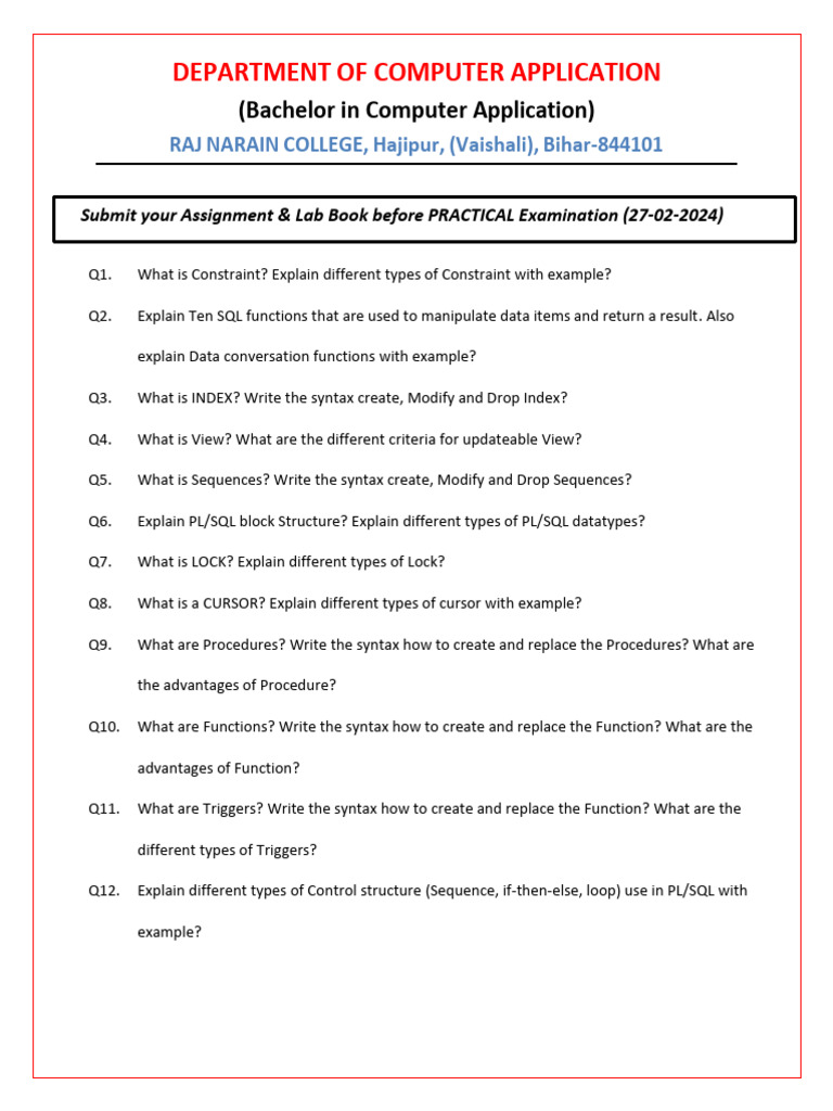 Assignment BCA SEM-V (BCA-501) | PDF | Pl/Sql | Sql
