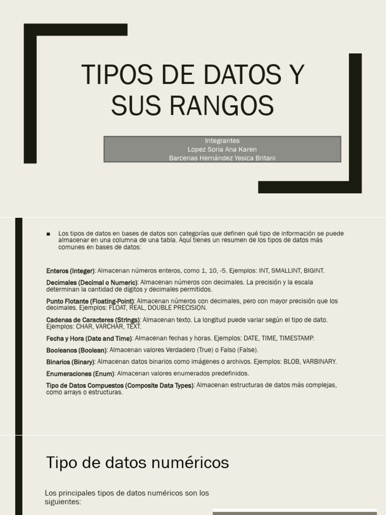 Tipos de Datos y Sus Rangos | PDF | Tipo de datos | Decimal Tipos de Datos y Sus Rangos | PDF | Tipo de datos | Decimal