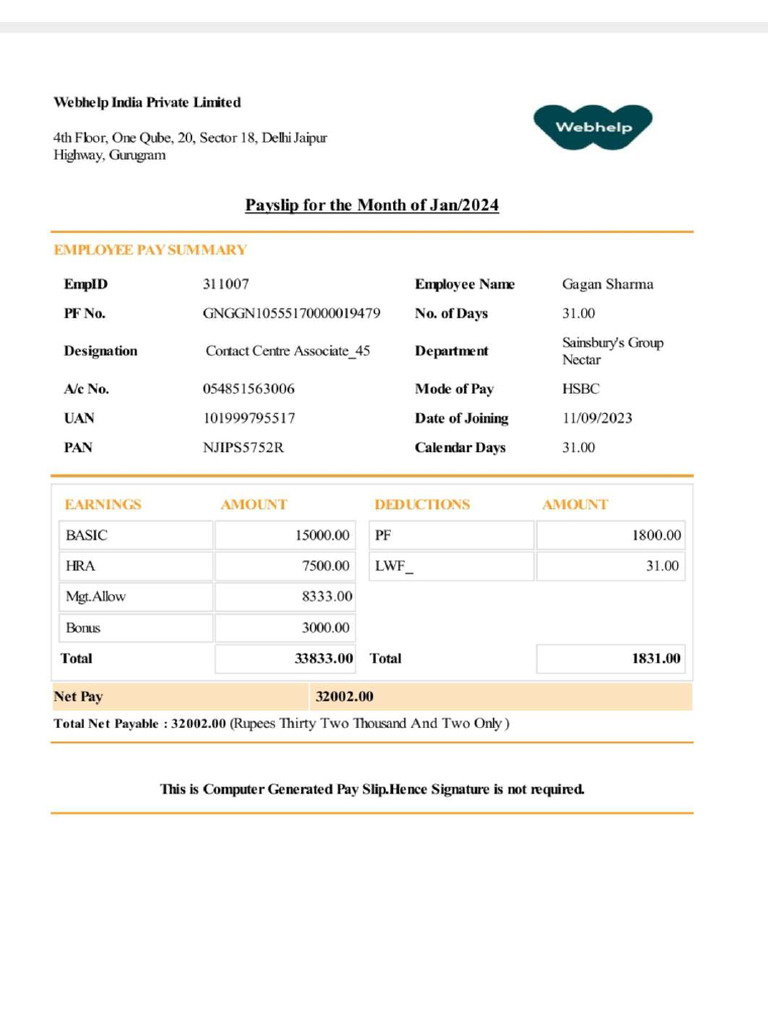 Payslip Jan 2024 | PDF