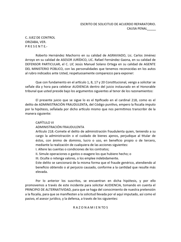 Escrito de Solicitud de Acuerdo Reparatorio | PDF | Debido al proceso ... Escrito de Solicitud de Acuerdo Reparatorio | PDF | Debido al proceso ...