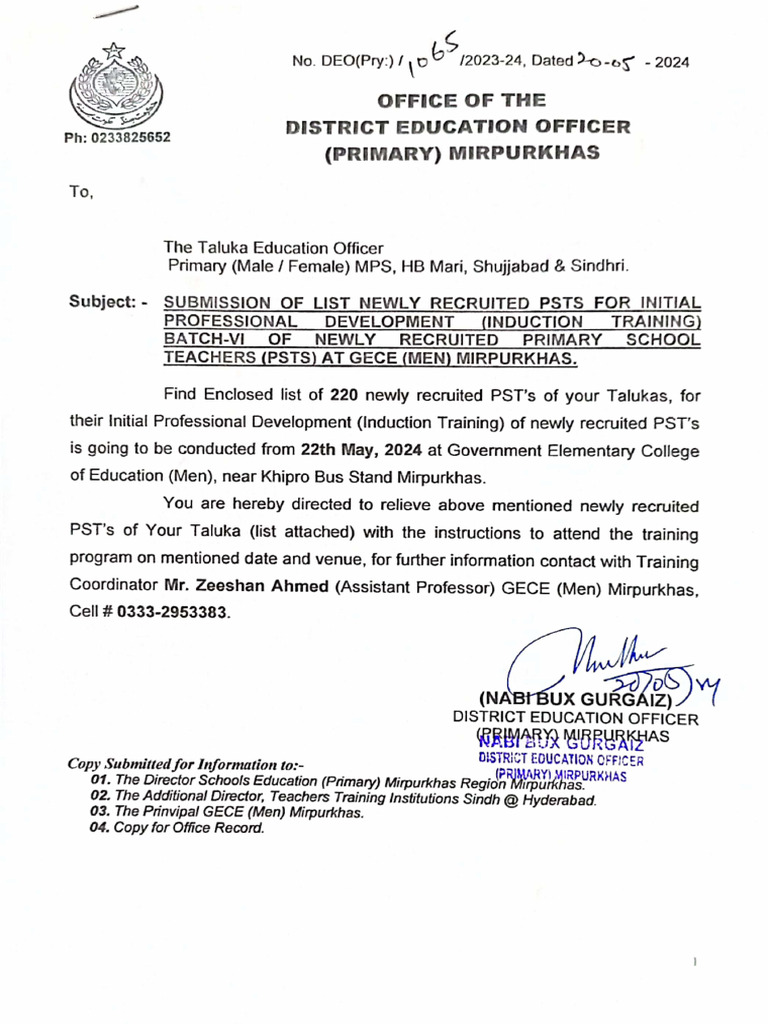 Submission of List Newly Recruited PSTs For Initial Professional ...