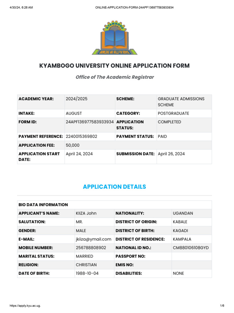 Kyambogo University Graduate Application | PDF | Food Safety